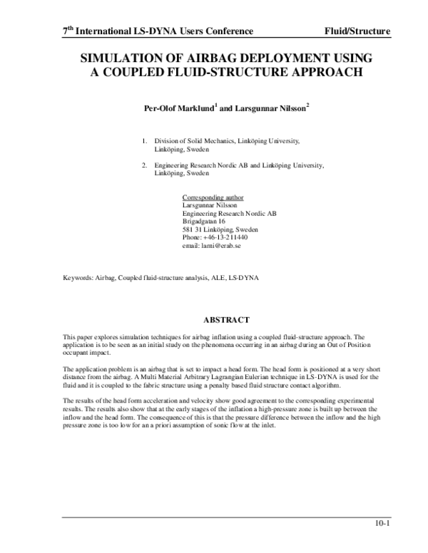 (PDF) International LS-DYNA Users Conference Fluid / Structure 10-1 SIMULATION OF AIRBAG ...