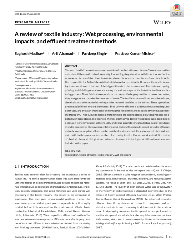 (PDF) A review of textile industry: Wet processing, environmental impacts, and effluent ...