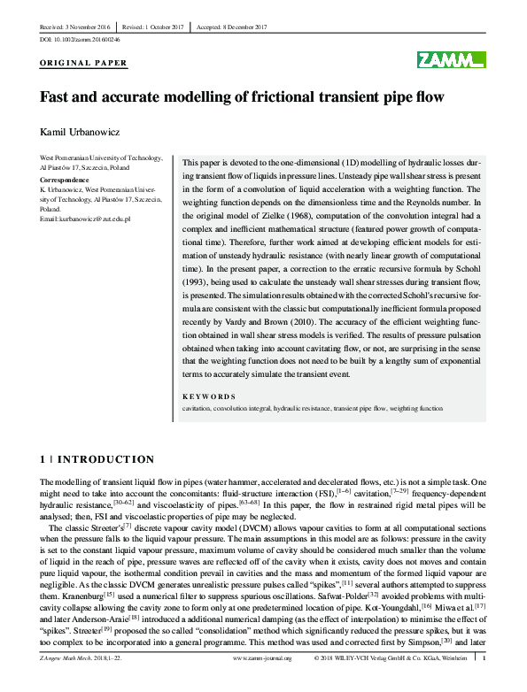 Pdf Fast And Accurate Modelling Of Frictional Transient Pipe Flow