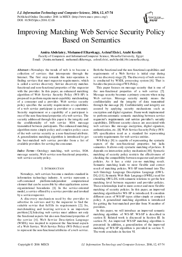 (PDF) Improving Matching Web Service Security Policy Based on Semantics