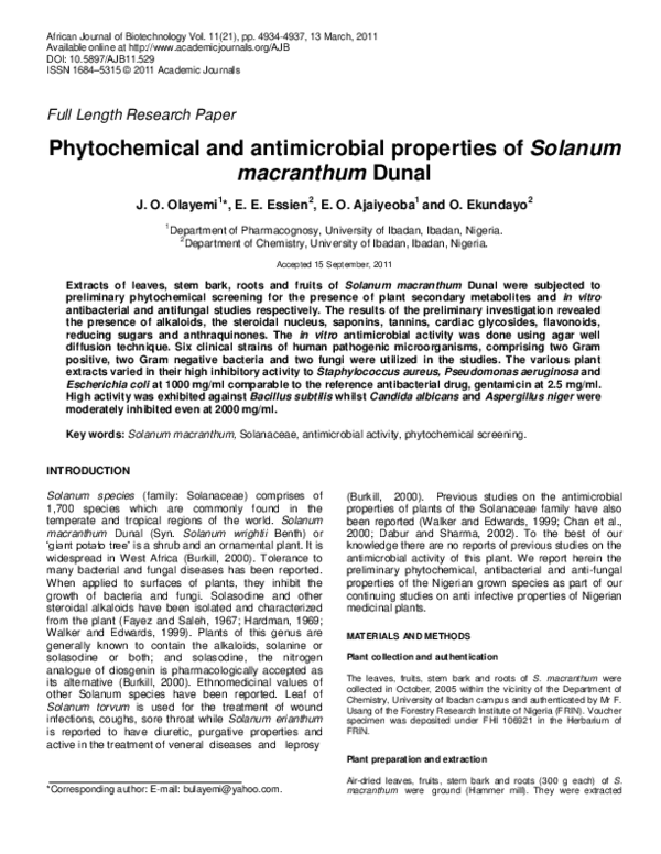 (PDF) Phytochemical and antimicrobial properties of Solanum macranthum Dunal | Ini Bassey ...