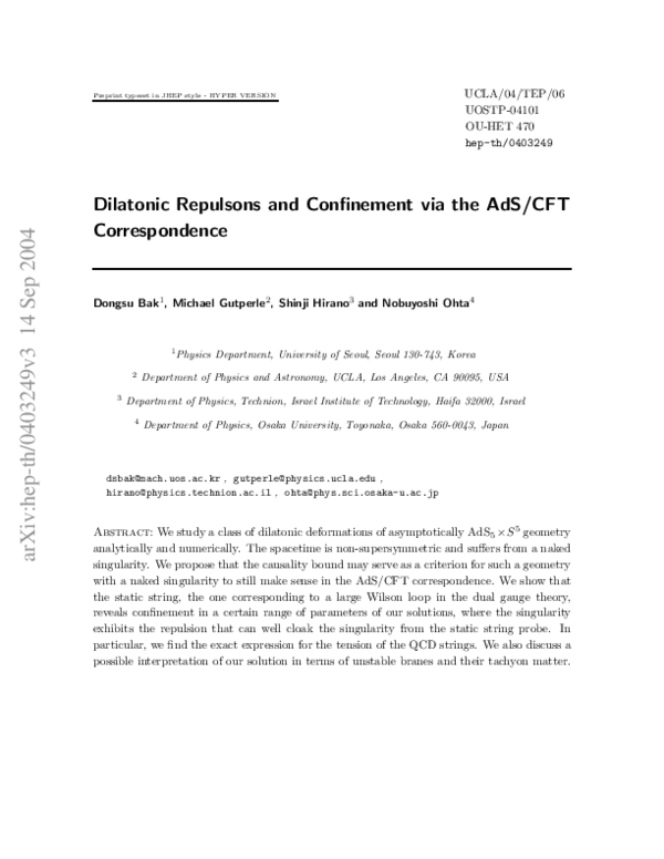 (PDF) Dilatonic repulsons and confinement via the AdS/CFT correspondence | Nobuyoshi Ohta ...