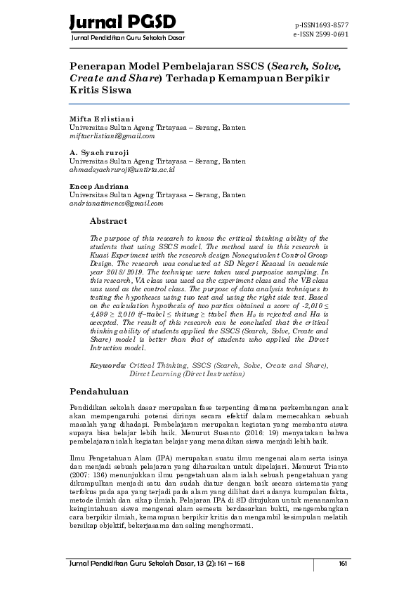 (PDF) Penerapan Model Pembelajaran SSCS (Search, Solve, Create and Share) Terhadap Kemampuan ...