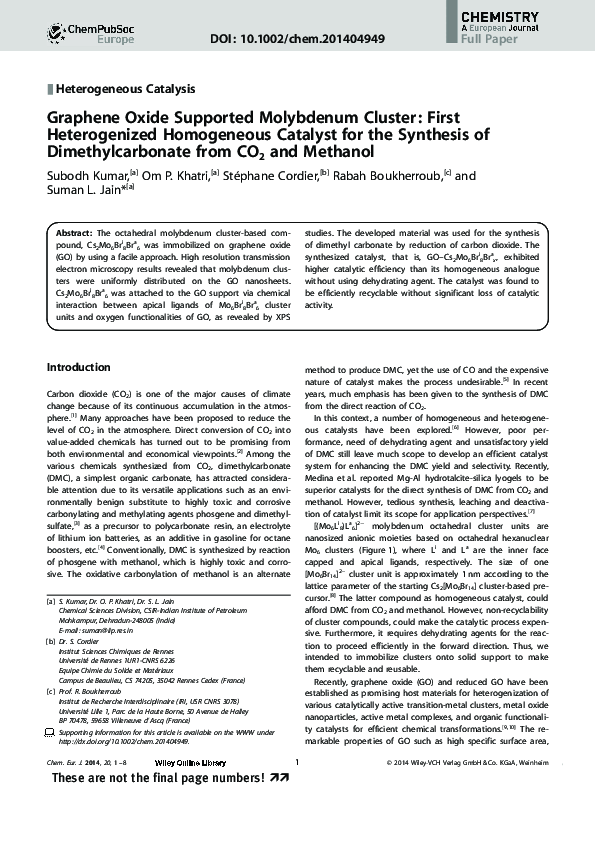 (PDF) Graphene Oxide Supported Molybdenum Cluster: First Heterogenized ...