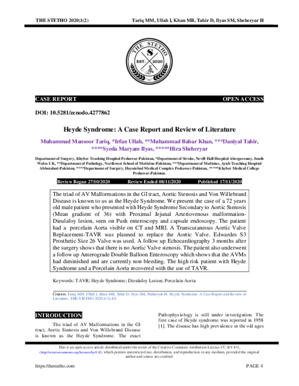 (PDF) Heyde Syndrome: A Case Report and Review of Literature