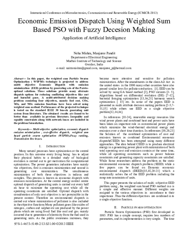 (PDF) Economic emission dispatch using weighted sum based PSO with fuzzy decesion making ...