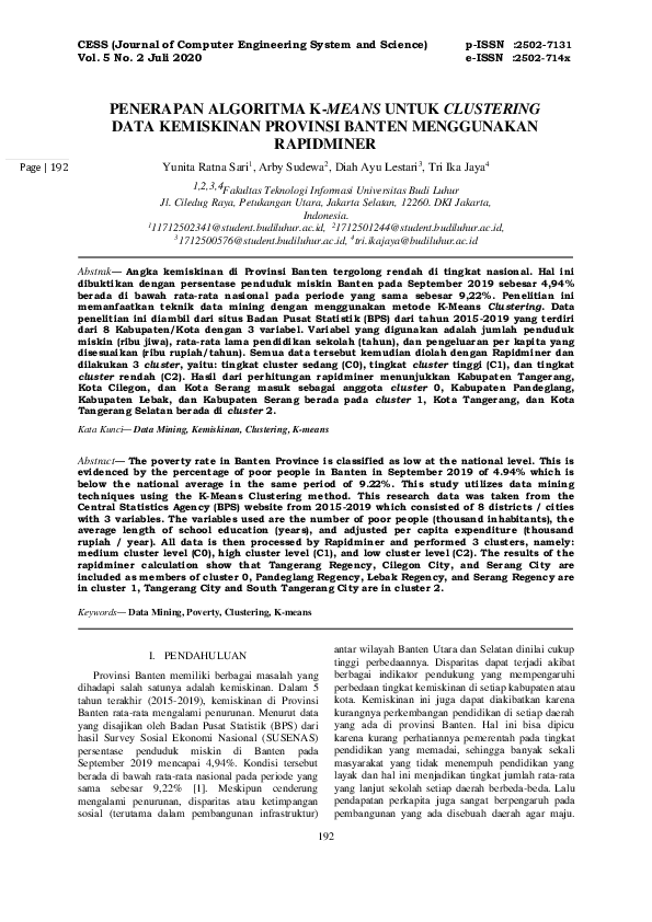 Pdf Penerapan Algoritma K Means Untuk Clustering Data Kemiskinan Provinsi Banten Menggunakan