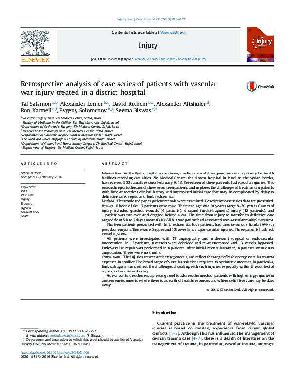 (PDF) Retrospective analysis of case series of patients with vascular war injury treated in a ...