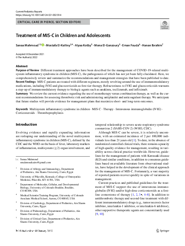 (PDF) MIS-C Treatment Approaches in Pediatrics