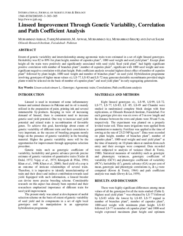 (PDF) Linseed improvement through genetic variability, correlation and path coefficient analysis