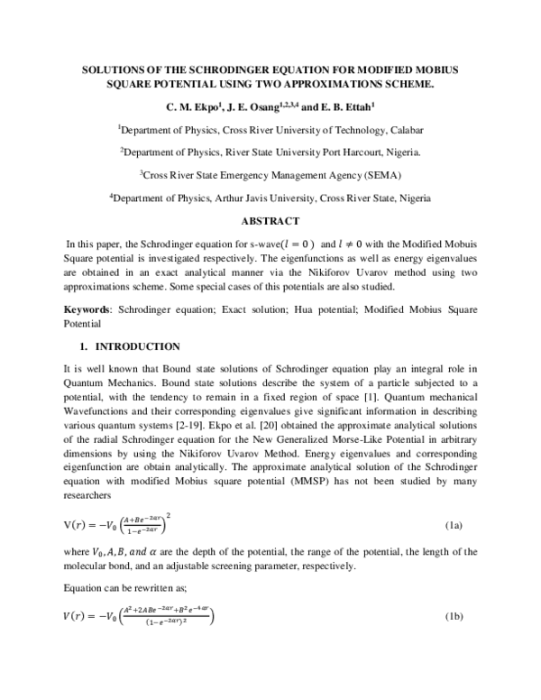(PDF) Solutions of the Schrodinger Equation for Modified Mobius Square ...