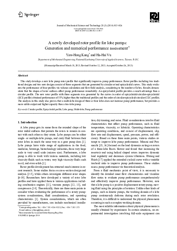(PDF) A newly developed rotor profile for lobe pumps: Generation and ...
