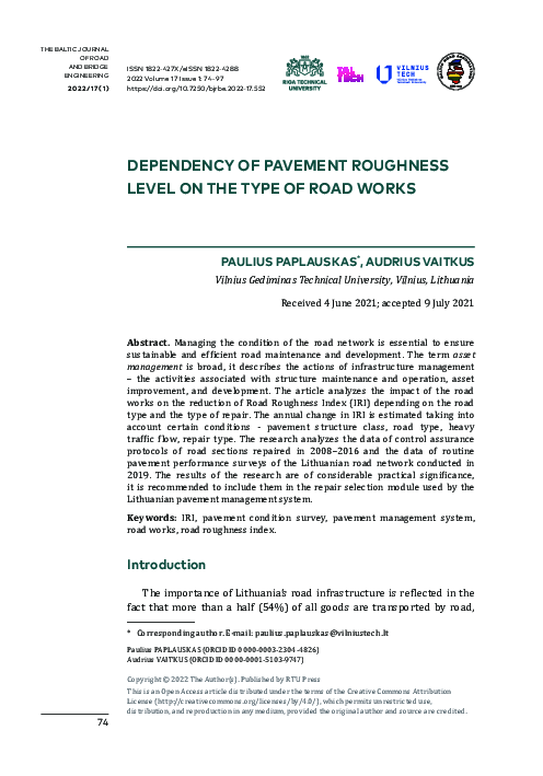 (PDF) Dependency of Pavement Roughness Level on the Type of Road Works
