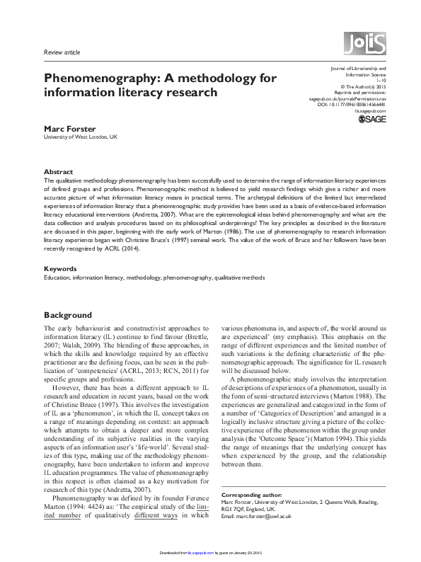 (PDF) Phenomenography: A methodology for information literacy research