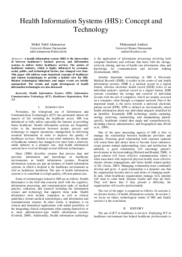 (PDF) Health Information Systems (HIS): Concept and Technology
