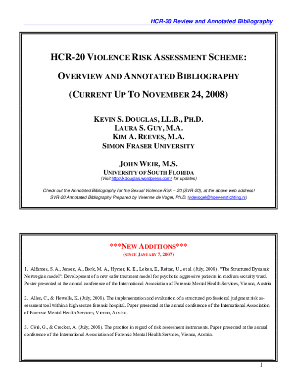 (PDF) HCR-20 Violence Risk Assessment Scheme: Overview and Annotated ...