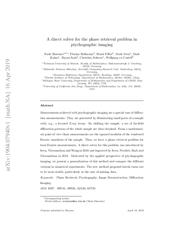 (PDF) A direct solver for the phase retrieval problem in ptychographic imaging