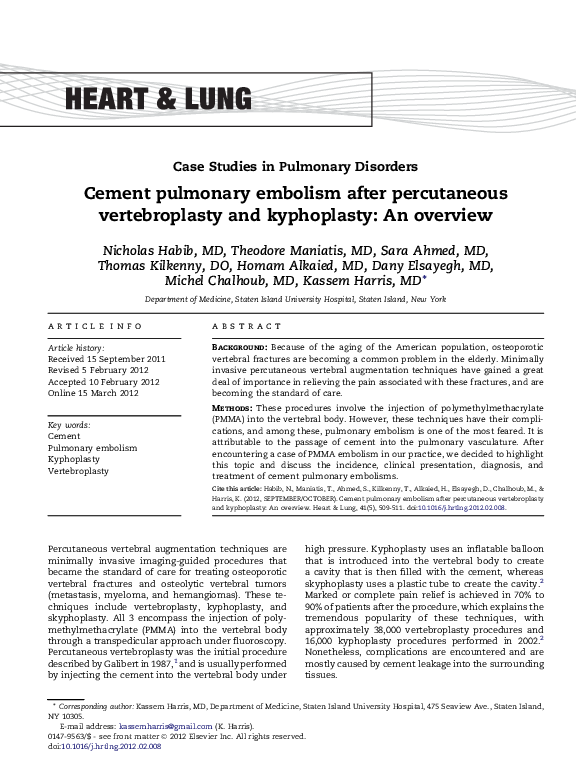 (PDF) Cement pulmonary embolism after percutaneous vertebroplasty and ...