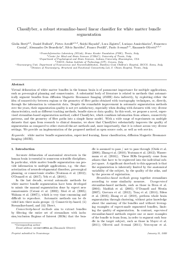 (PDF) Classifyber, a robust streamline-based linear classifier for white matter bundle segmentation