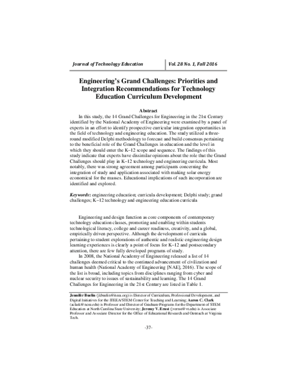 (PDF) Engineering's Grand Challenges: Priorities and Integration ...