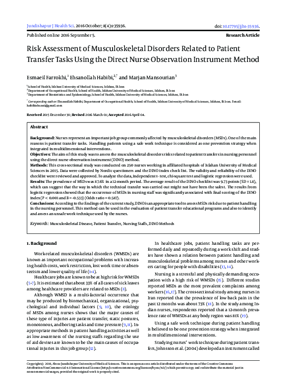 (PDF) Risk Assessment of Musculoskeletal Disorders Related to Patient ...