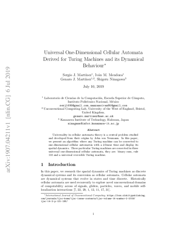(PDF) Universal One-Dimensional Cellular Automata Derived for Turing ...
