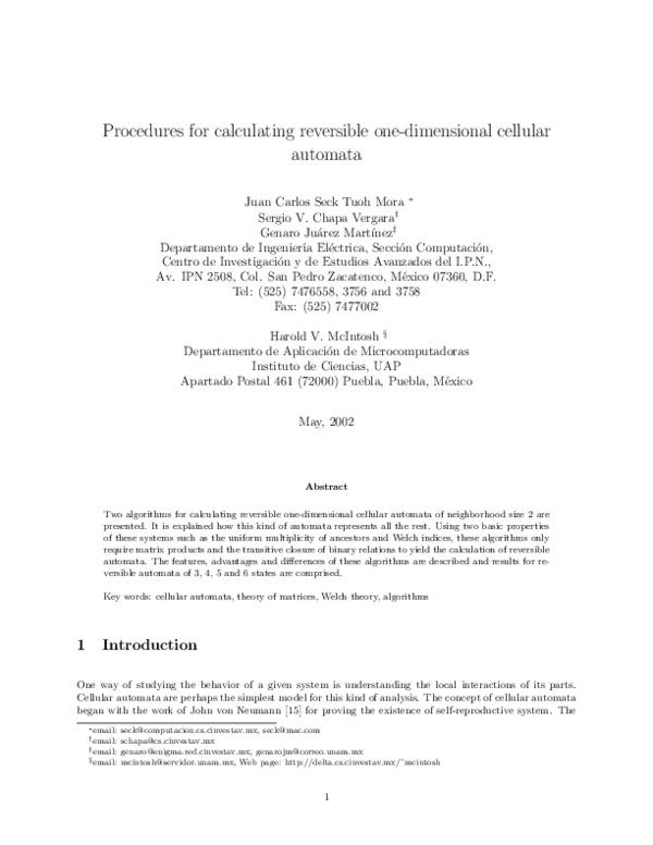 (PDF) Procedures for calculating reversible one-dimensional cellular automata