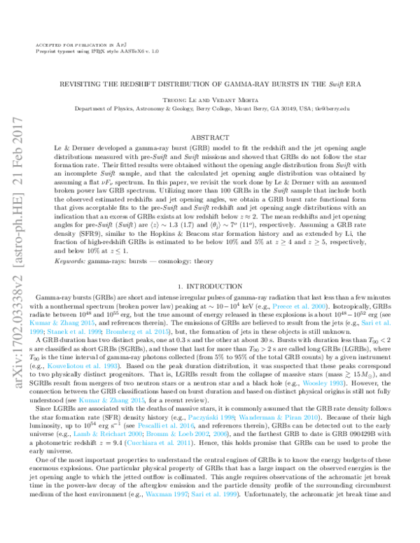 (PDF) Revisiting the Redshift Distribution of Gamma-Ray Bursts in the ...