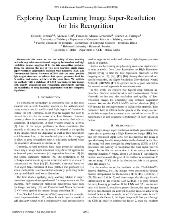 (PDF) Exploring deep learning image super-resolution for iris recognition