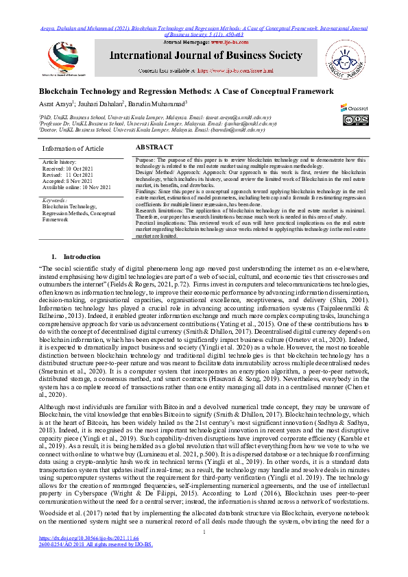 (PDF) Blockchain Technology and Regression Methods: A Case of ...