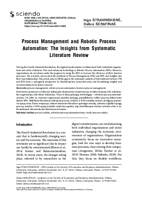 Pdf Process Management And Robotic Process Automation The Insights From Systematic Literature