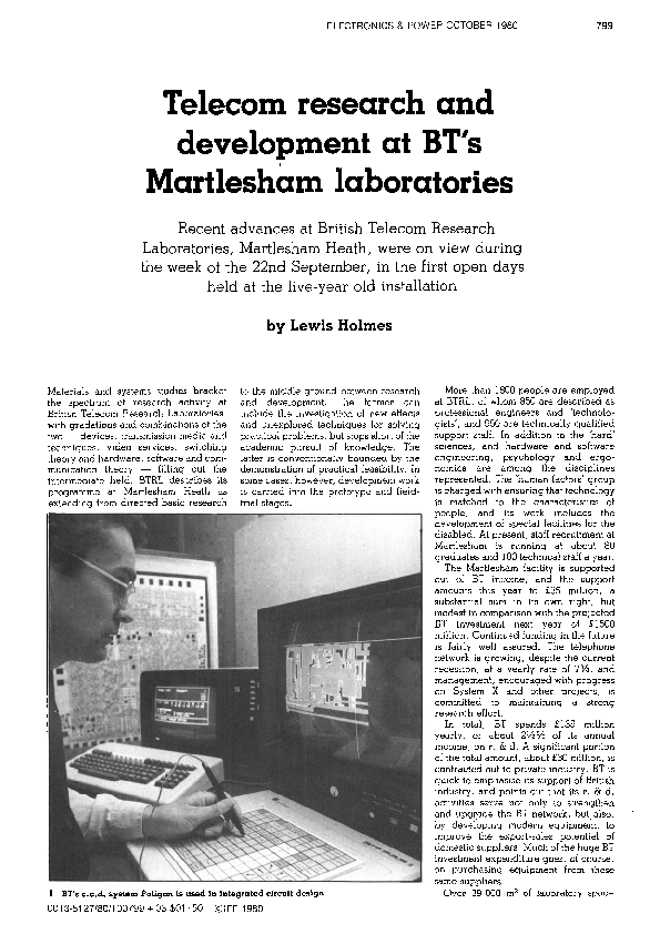 (PDF) Telecom research and development at BT's Martlesham laboratories