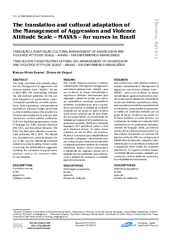 (PDF) Tradução e adaptação cultural da Management of Aggression And ...