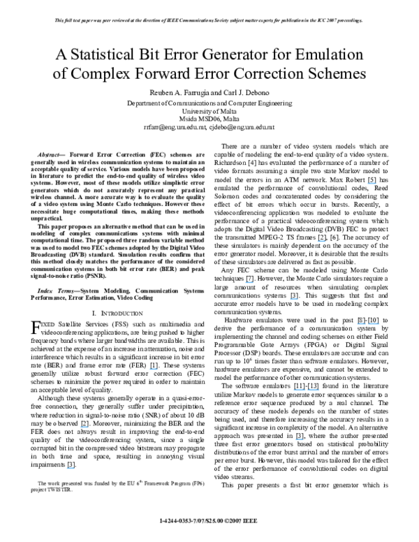 (PDF) A Statistical Bit Error Generator for Emulation of Complex Forward Error Correction Schemes