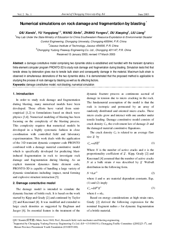 (PDF) Numerical Simulations on Rock Damage and Fragmentation by Blasting