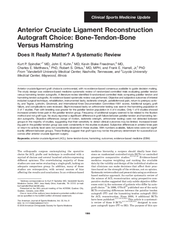 (PDF) Anterior Cruciate Ligament Reconstruction Autograft Choice: Bone-Tendon-Bone versus Hamstring