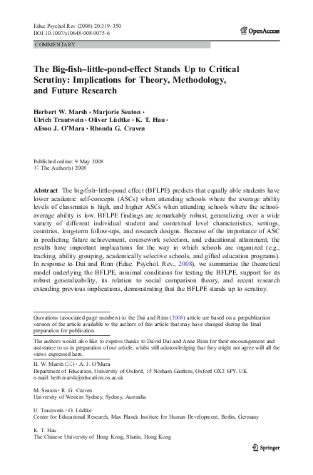 (PDF) The Big-fish–little-pond-effect Stands Up to Critical Scrutiny ...