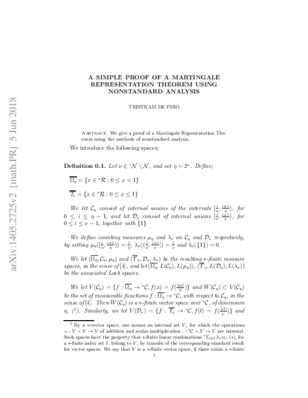 (PDF) A Simple Proof of a Martingale Representation Theorem Using Nonstandard Analysis