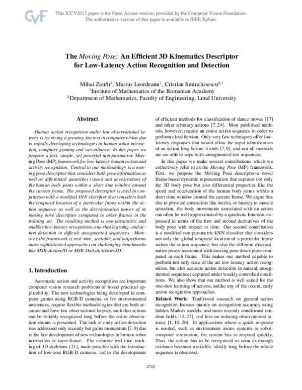 Pdf The Moving Pose An Efficient 3d Kinematics Descriptor For Low Latency Action Recognition
