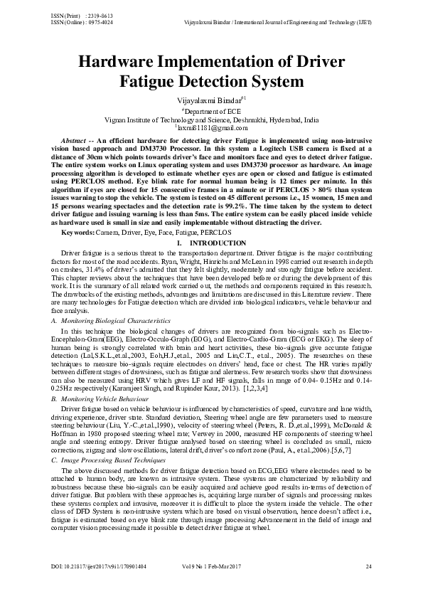 (PDF) Hardware Implementation of Driver Fatigue Detection System