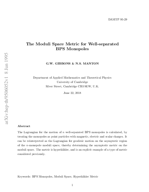 (PDF) The moduli space metric for well-separated BPS monopoles