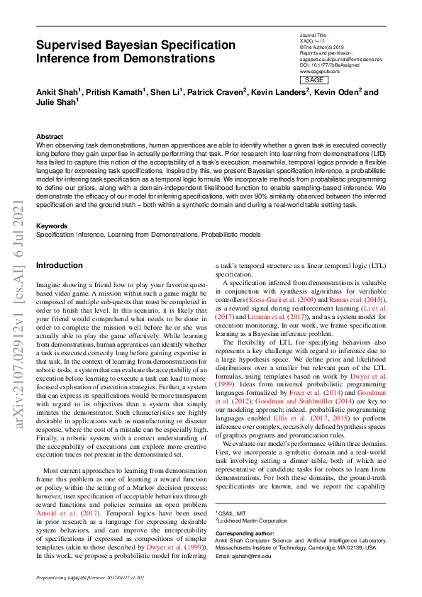 (PDF) Bayesian Inference for Task Specifications