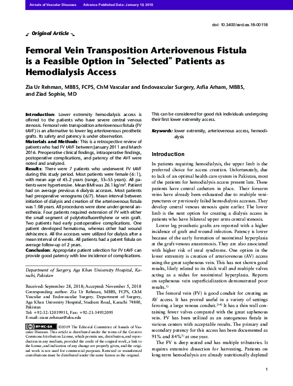(PDF) Femoral Vein Transposition Arteriovenous Fistula is a Feasible ...