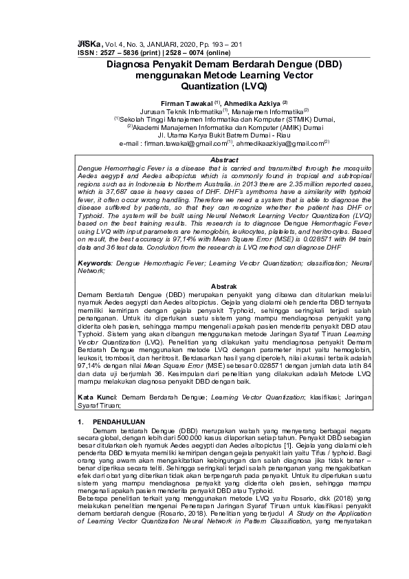 (PDF) Diagnosa Penyakit Demam Berdarah Dengue (DBD) menggunakan Metode Learning Vector ...