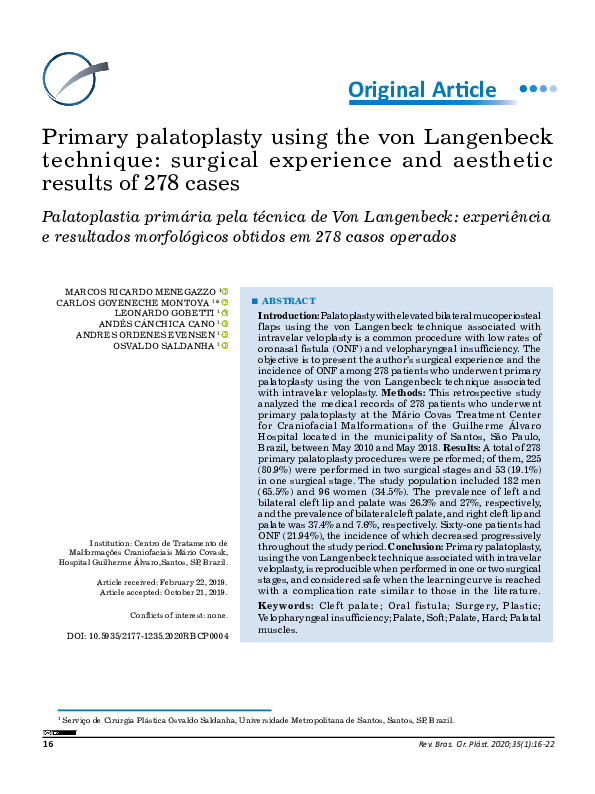 (PDF) Primary palatoplasty using the von Langenbeck technique: surgical ...