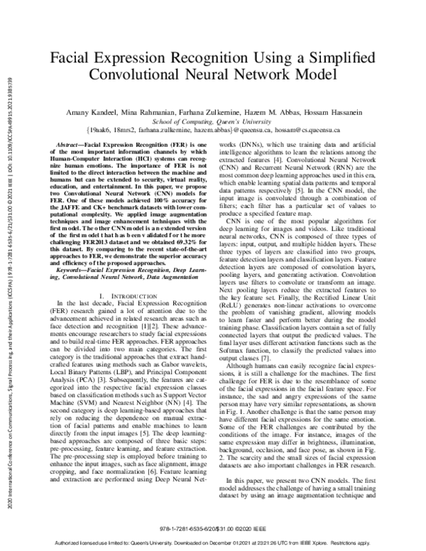 (PDF) Facial Expression Recognition Using a Simplified Convolutional Neural Network Model