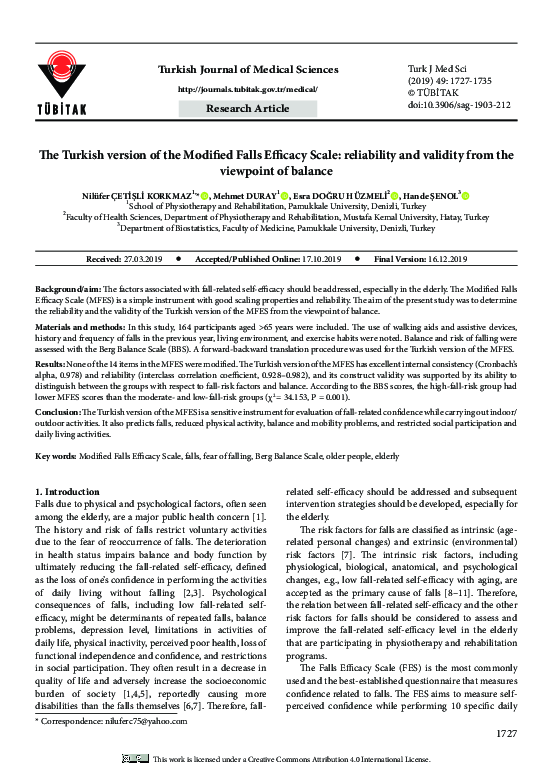 (PDF) The Turkish version of the Modified Falls Efficacy Scale ...