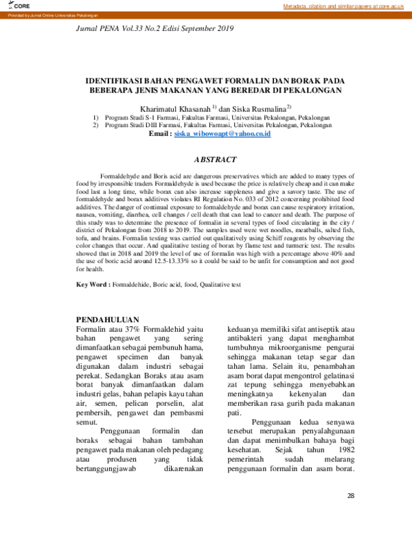 (PDF) Identifikasi Bahan Pengawet Formalin Dan Borak Pada Beberapa ...
