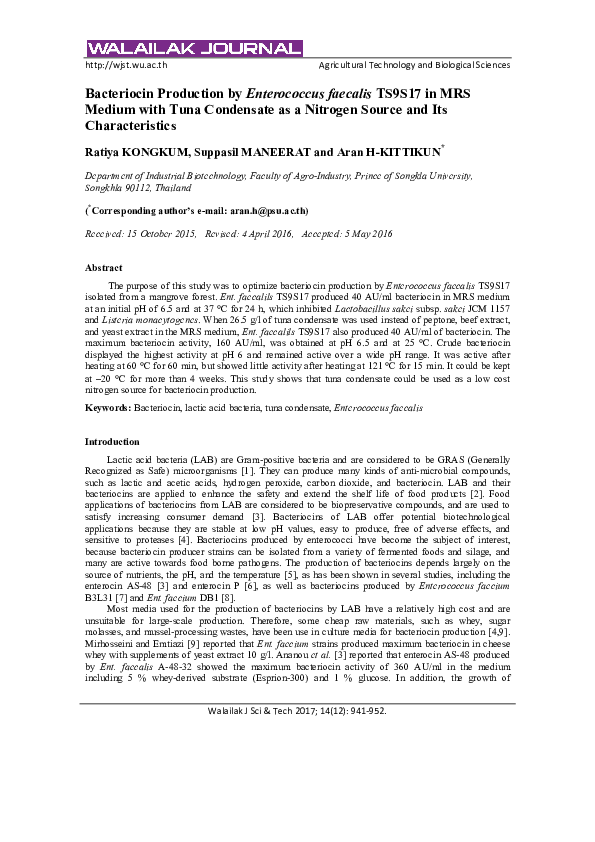 (PDF) Bacteriocin Production by Enterococcus faecalis TS9S17 in MRS ...