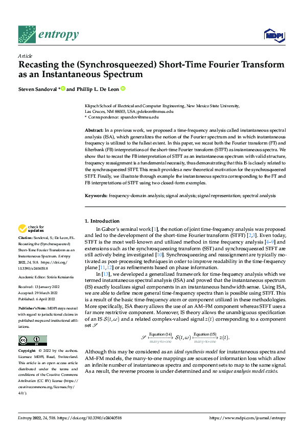 (PDF) Recasting the (Synchrosqueezed) Short-Time Fourier Transform as an Instantaneous Spectrum
